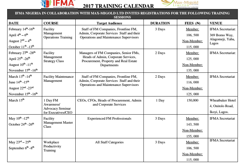 IFMA Partners Max-Migold, Unveil 2017 Training Calendar.