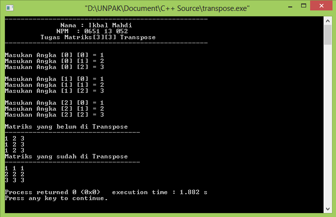 Contoh Program C++ Array Dimensi 2 Matriks Transpose