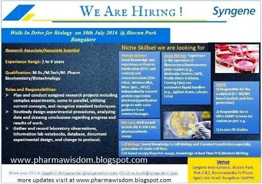 SYNGENE - Walk-In Drive on 30th July, 2016 @ Bangalore - PHARMA WISDOM