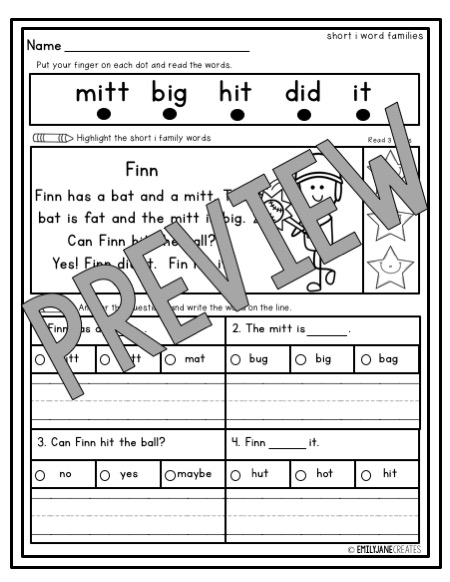 Emily Jane Creates: READING COMPREHENSION PASSAGES-CVC WORD FAMILY WORDS