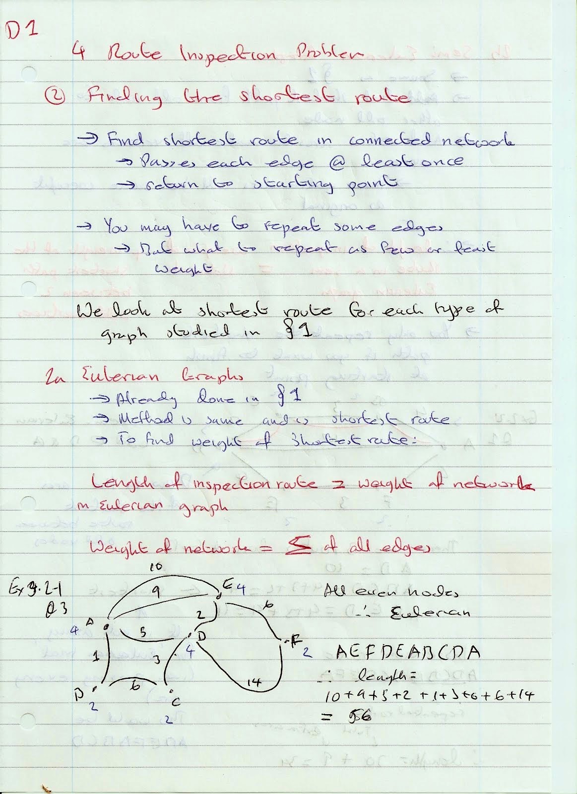 A Level Maths Notes: Decision Route Inspection Problem - Eulerian Graphs