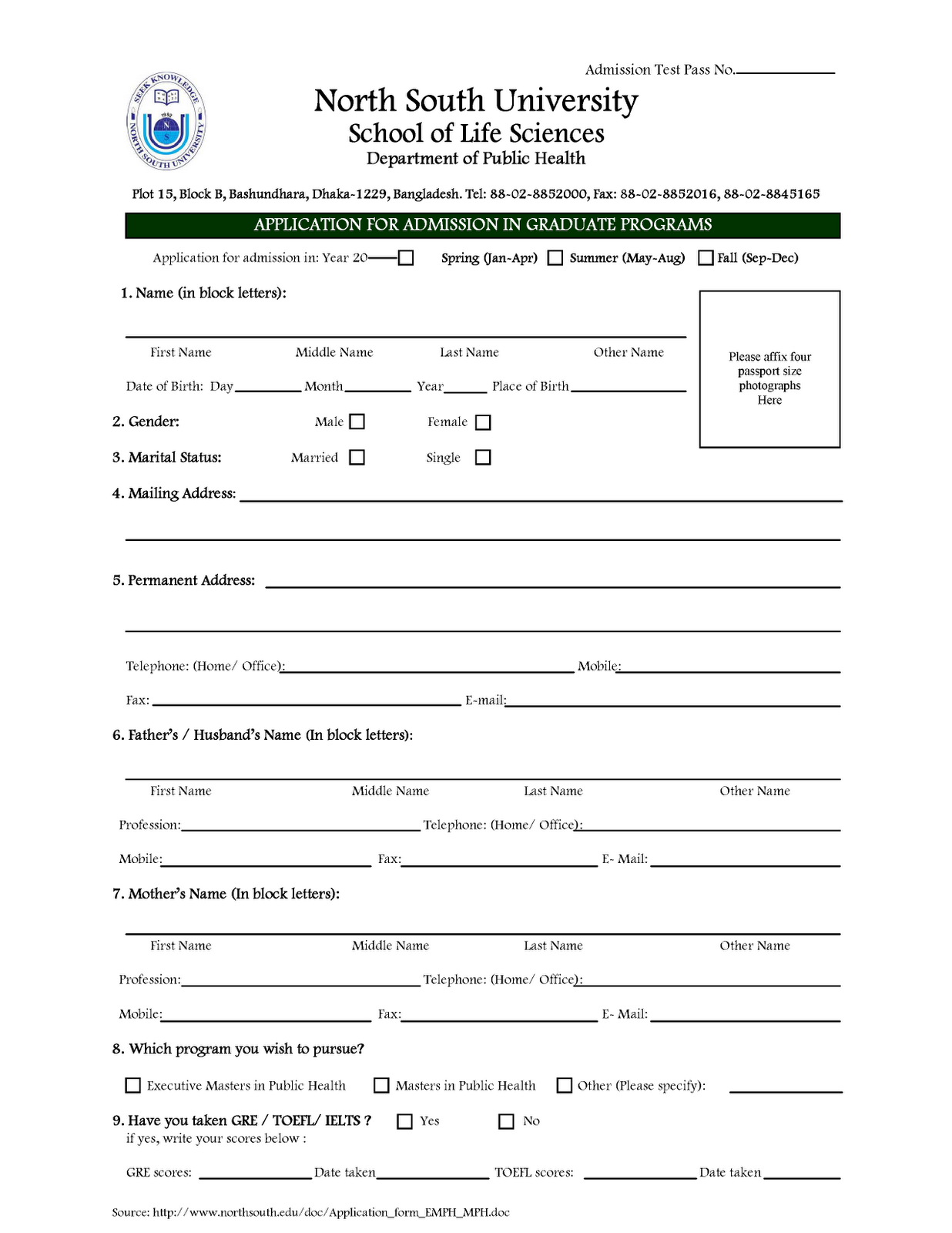 MPH in NSU, Bangladesh: Admission Circular & Form for Fall 2013 semester