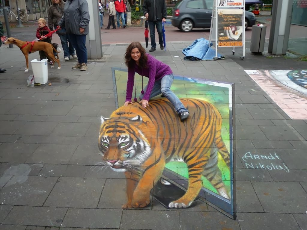 Street Illusions: Cute Girl on Lion 3D Street Optical Illusion wall paper