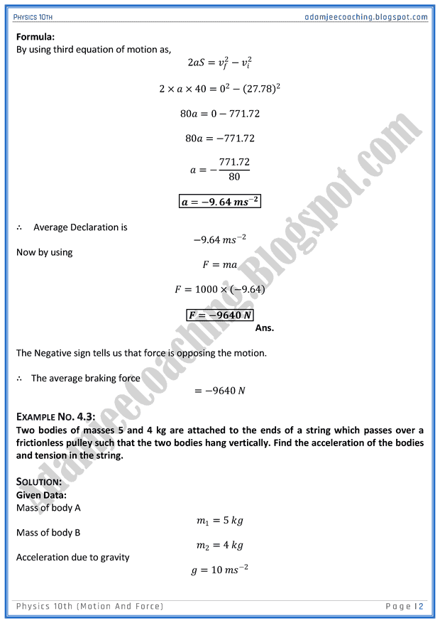 Adamjee Coaching: Motion and Force - Solved Numericals - Physics 10th