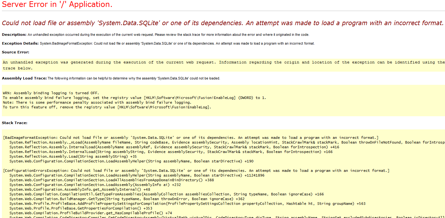 System.Data.SQLite Exception: System.BadImageFormatException