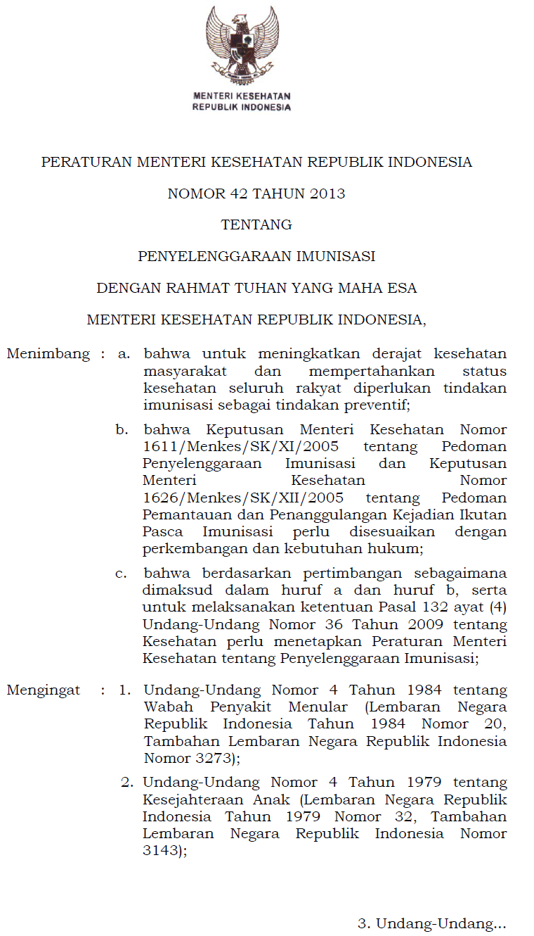 Permenkes RI No. 42 Tahun 2013 Tentang Penyelenggaraan Imunisasi ...