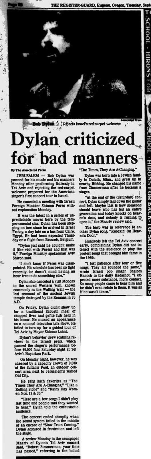 Rock & Roll Newspaper Press History: Bob Dylan - The Eugene Register ...