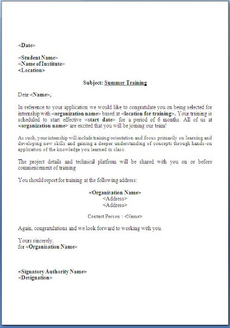 Summer Training Offer Letter Format
