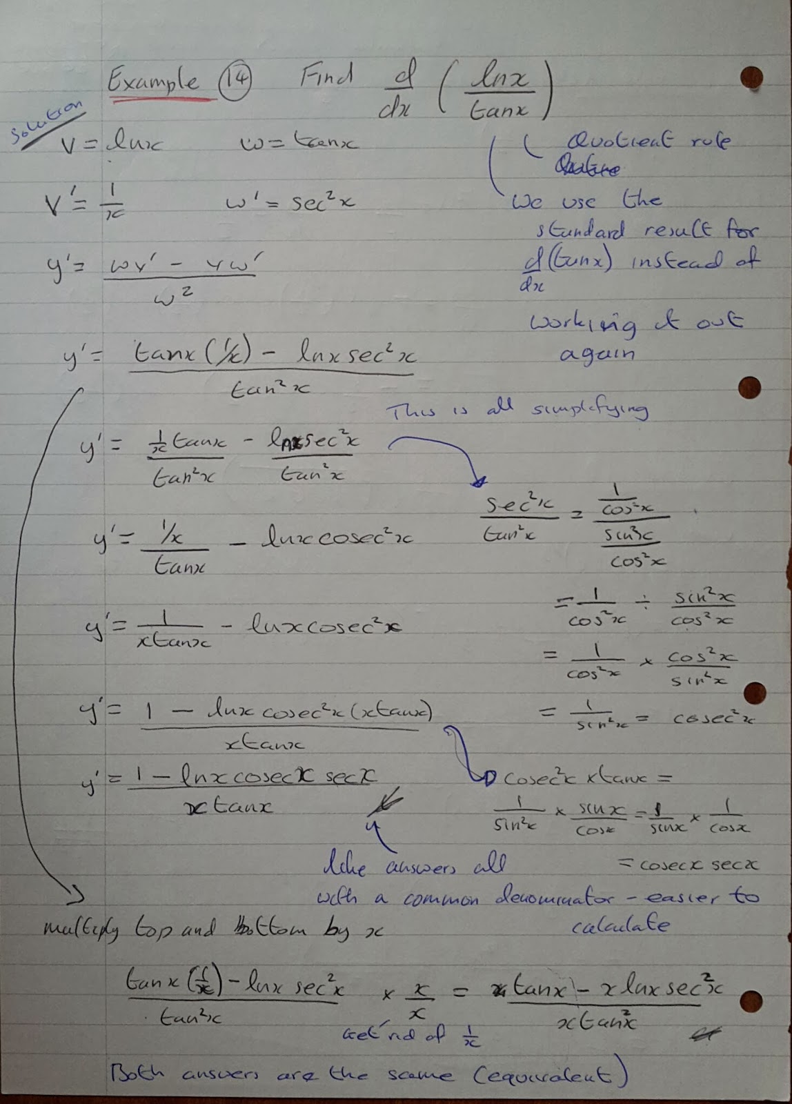 A Level Maths Notes: A2 Differentiation Quotient Rule Part 5