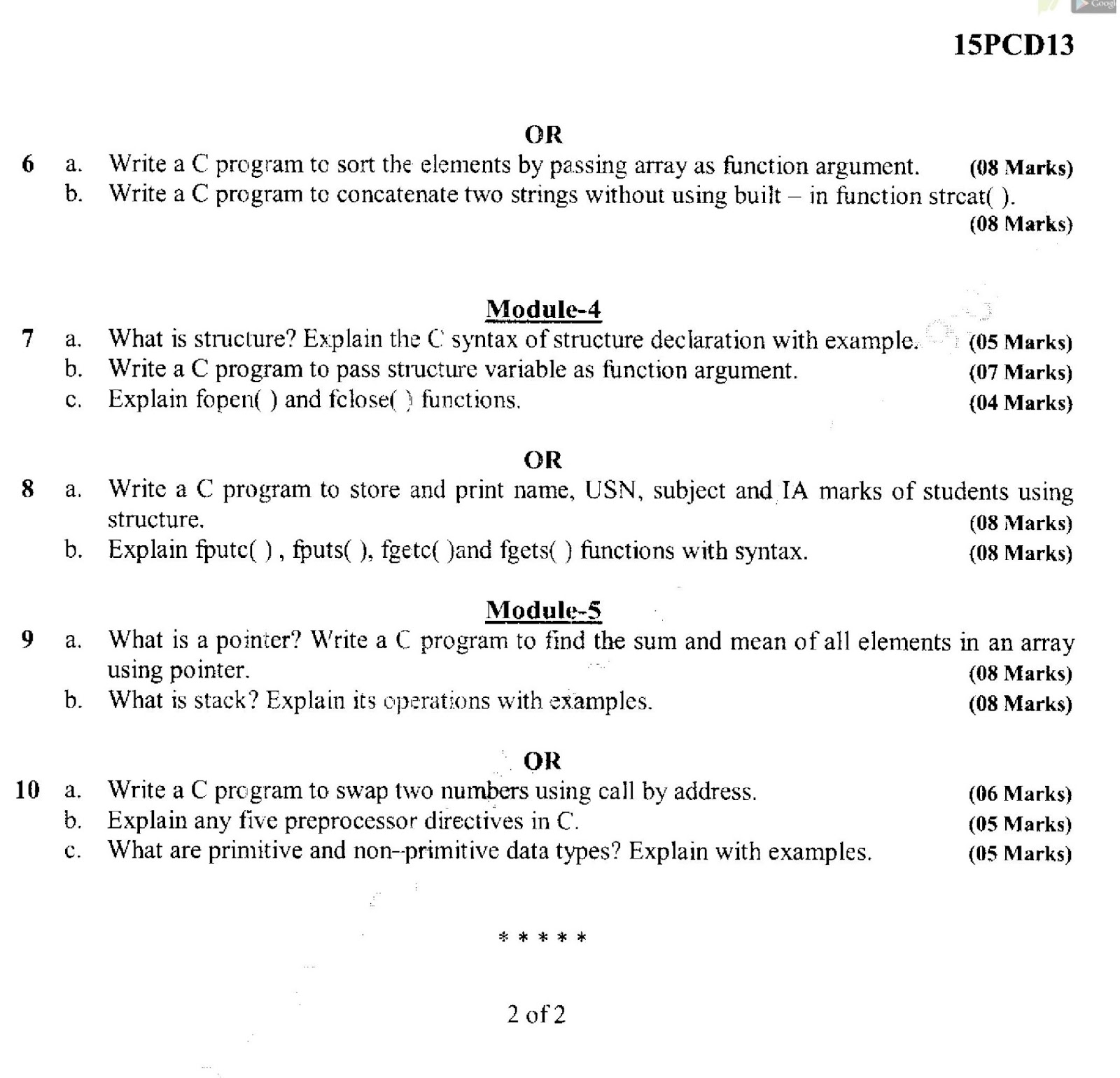 VTU BE 1st Year Question Paper Programming In C DS 15PCD13 23 vtu-be-1st-year-question-paper-programming-in-c-ds-15pcd13-23