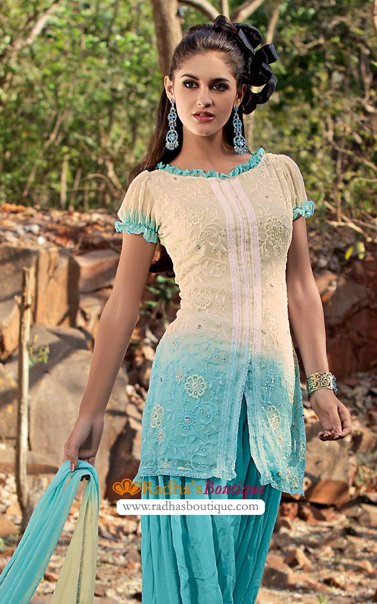 Blue & Off White Short Kameez with Georgette Salwar - Radha's Boutique ...