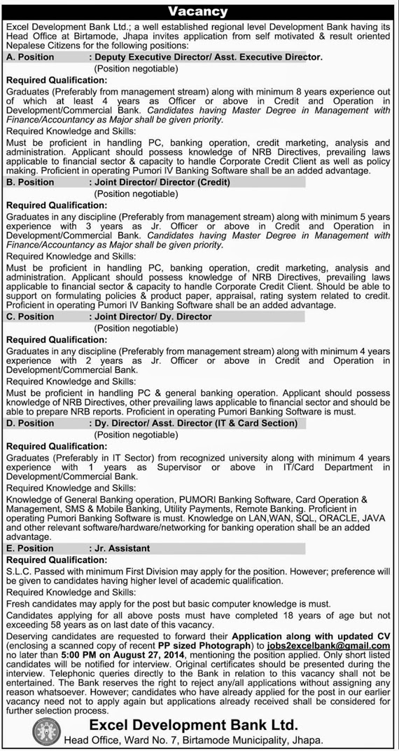 Vacancy announcement from Excel Development Bank