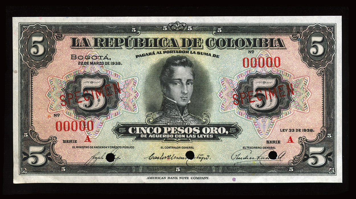 Colombia 5 Pesos Oro banknote 1938 General Jose Maria Cordova|World ...