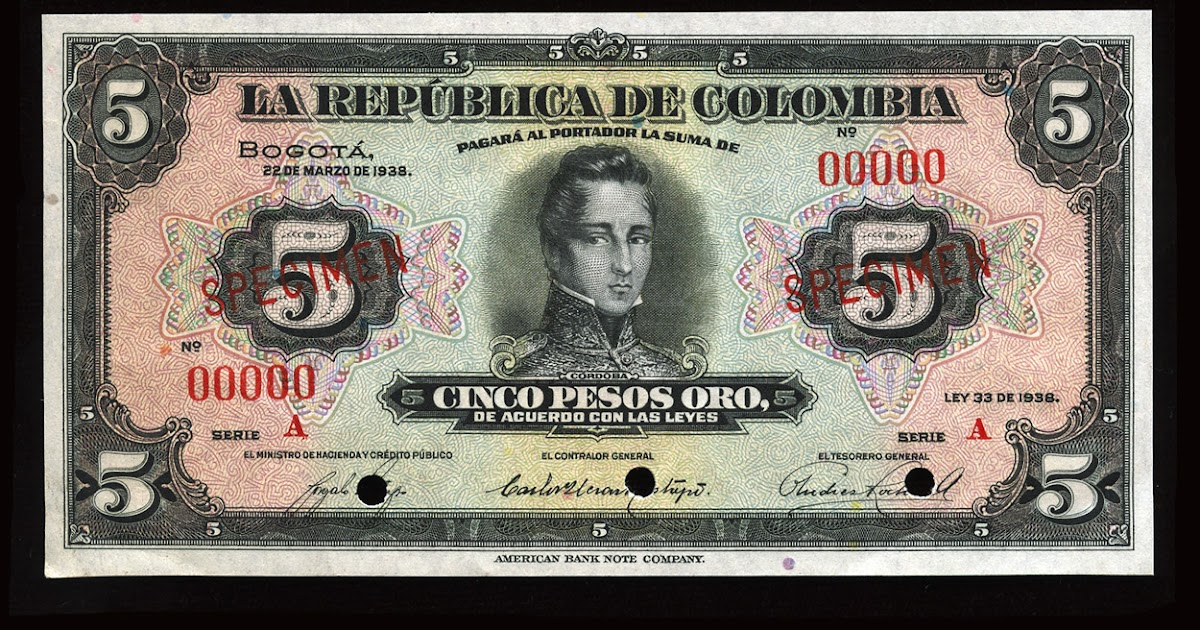 Colombia 5 Pesos Oro banknote 1938 General Jose Maria Cordova|World ...