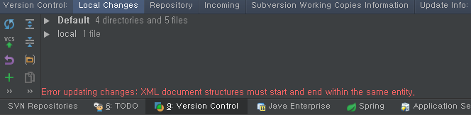[IntelliJ] SVN 사용 시 'XML document structures must start and end within the same entity.' 에러