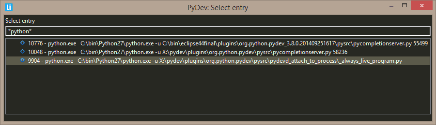 PyDev adventures: Attaching debugger to running process (PyDev 3.8.0)