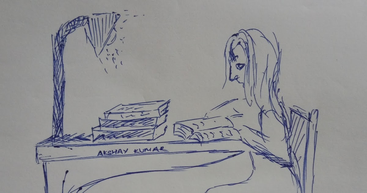 AKSHAY KUMAR: Drawing of a girl studying reading book on desk.