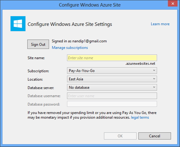 Visual Studio 2013: New ASP.NET Project with Windows Azure Site ...