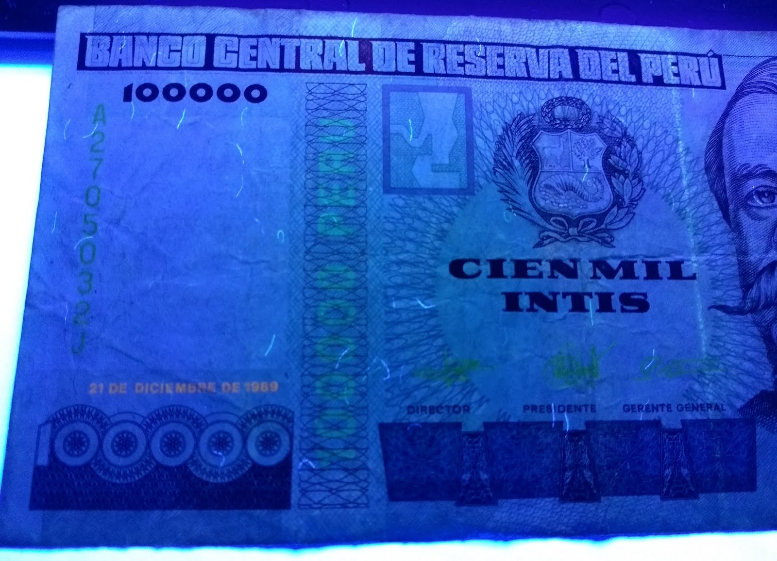 Coleccion de billetes y monedas (numismatica): 100000 intis Perú 1989 / ...