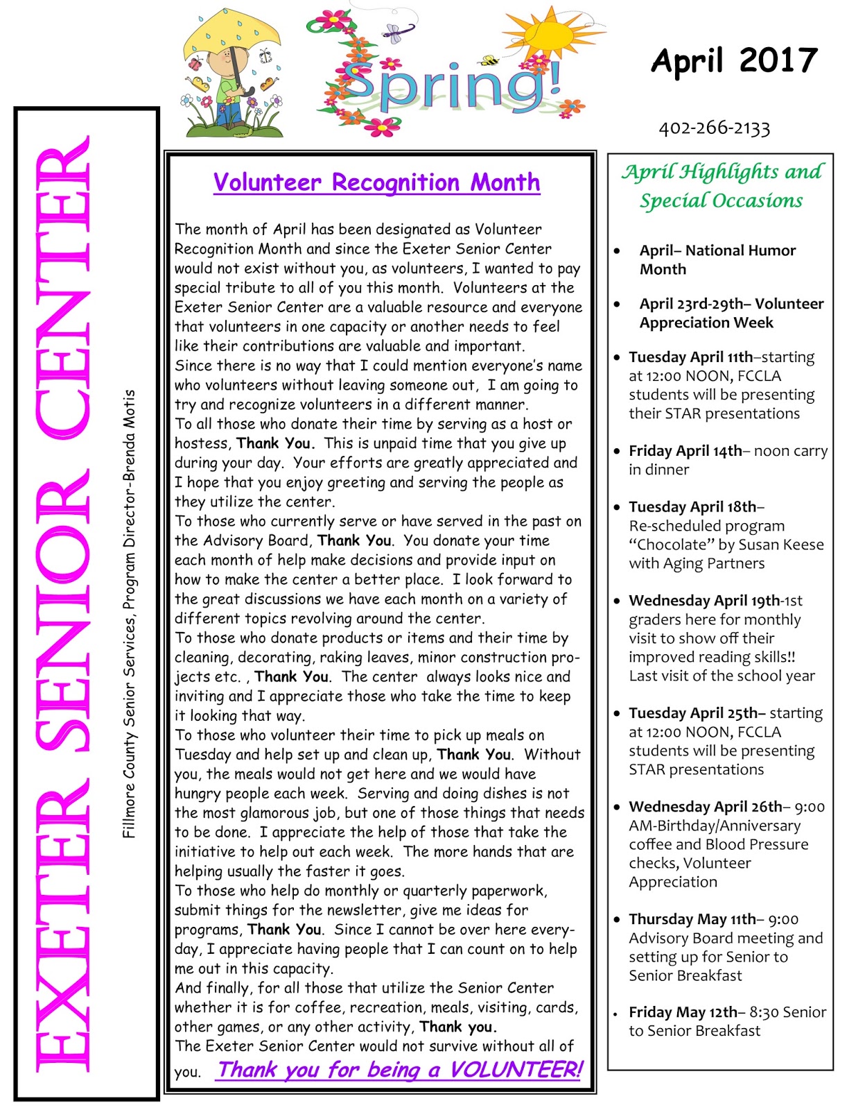 Village of Exeter: Exeter Senior Center Newsletter and Activities