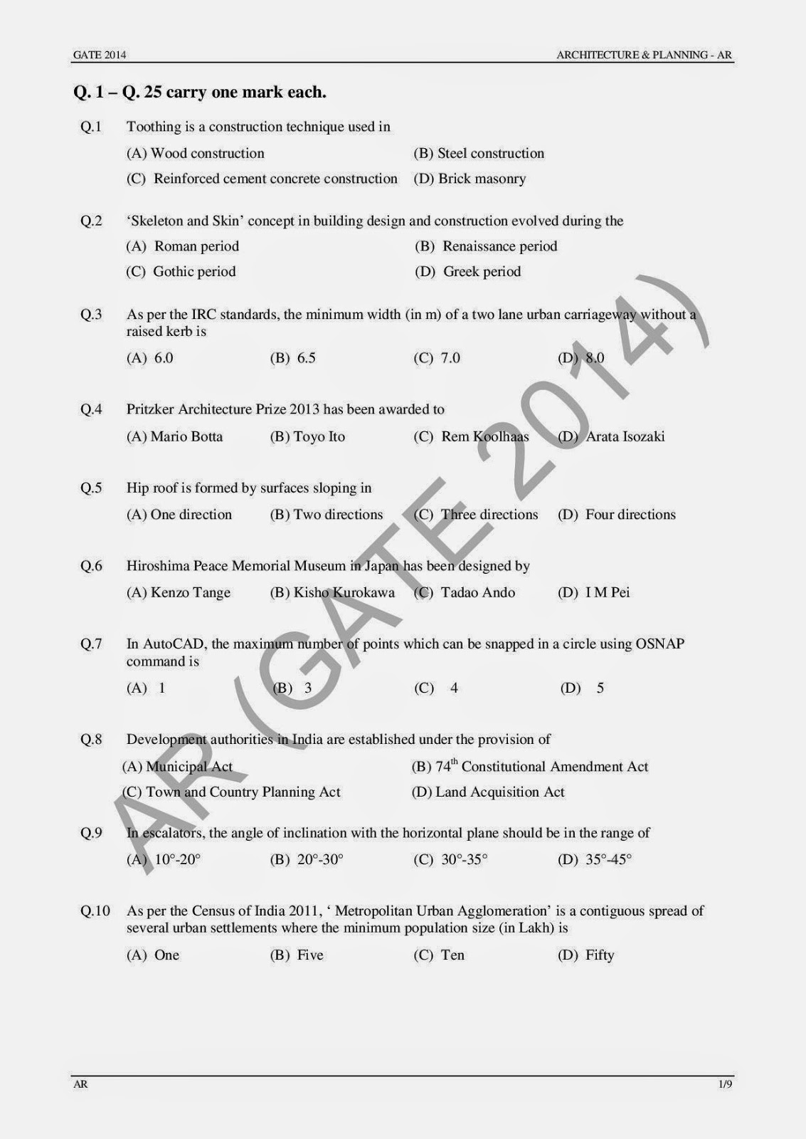 Gate Architecture Question Bank with Answers