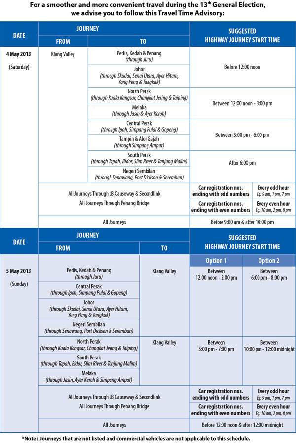PLUS Travel Time Advisory Schedule for 13th General Election on the ...