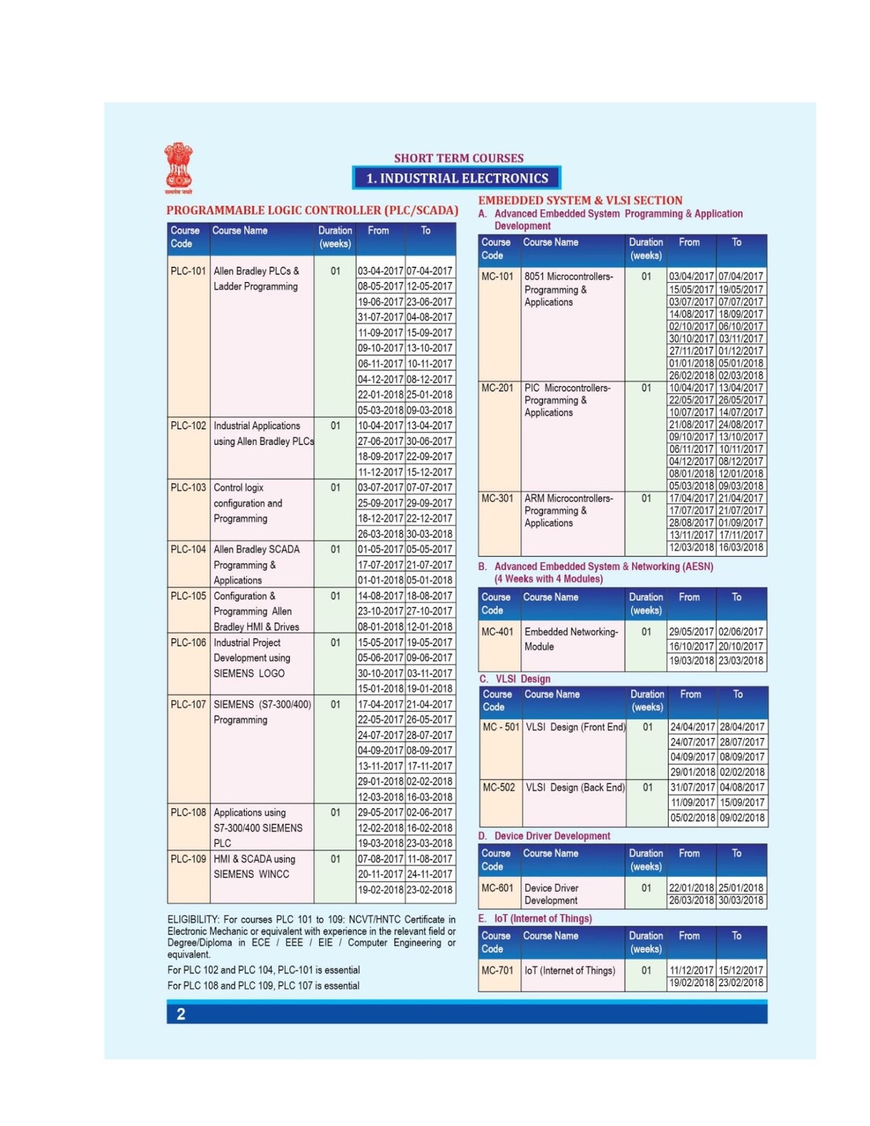 Training courses Calendar 2017-18 ~ ATI EPI HYDERABAD