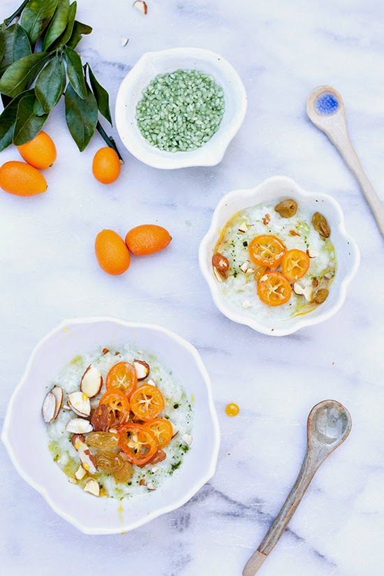 Green Jade Rice Pudding with Candied Kumquat | Bella Bonito