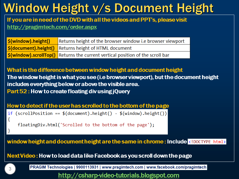 Sql server, .net and c# video tutorial: Difference between window height and document height
