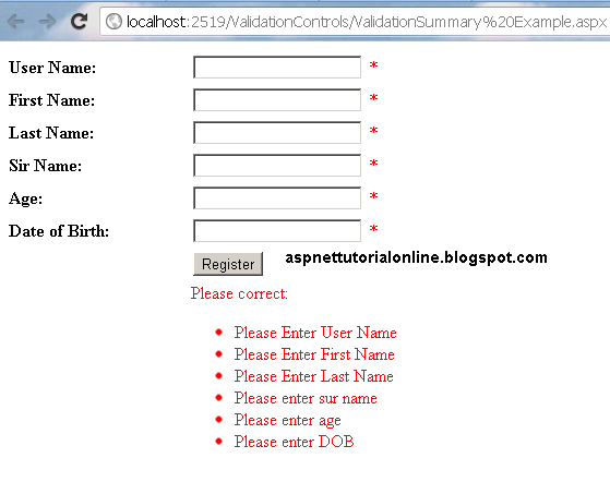 Validationsummary Example In Asp Asp Examples