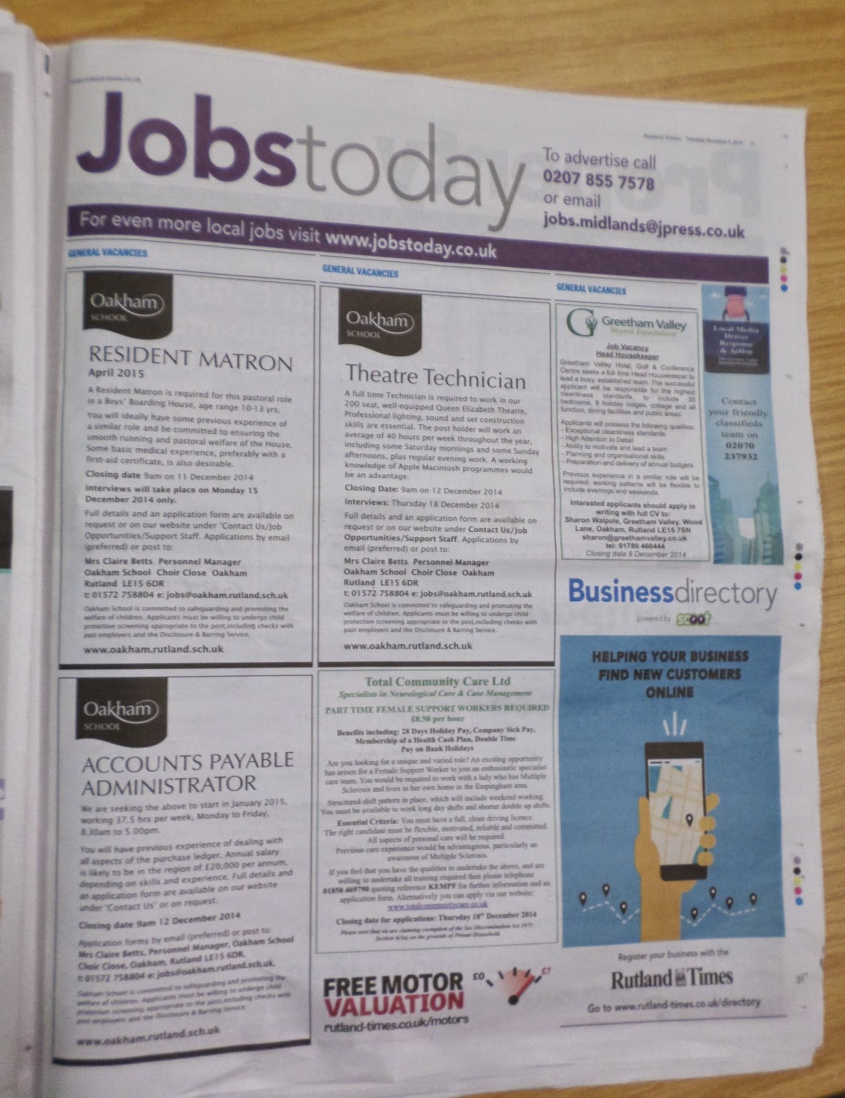 Martin Brookes Oakham: Rutland Times Job Page 4th December 2014