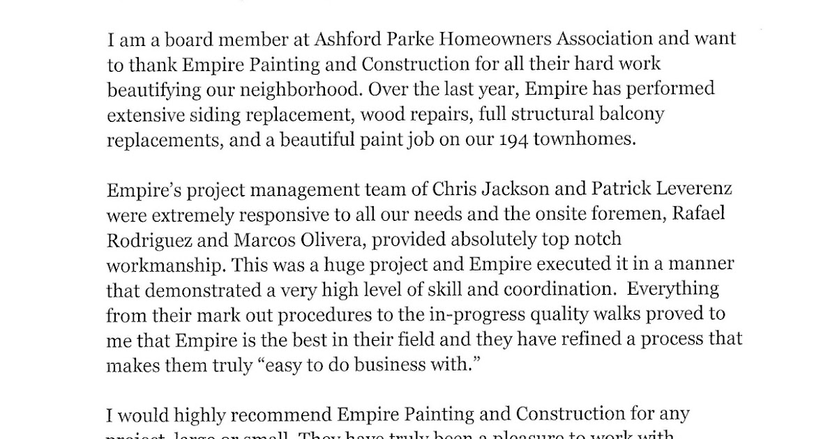 EmpireWorks Reviews and Resources: Ashford Park HOA Reference Letter