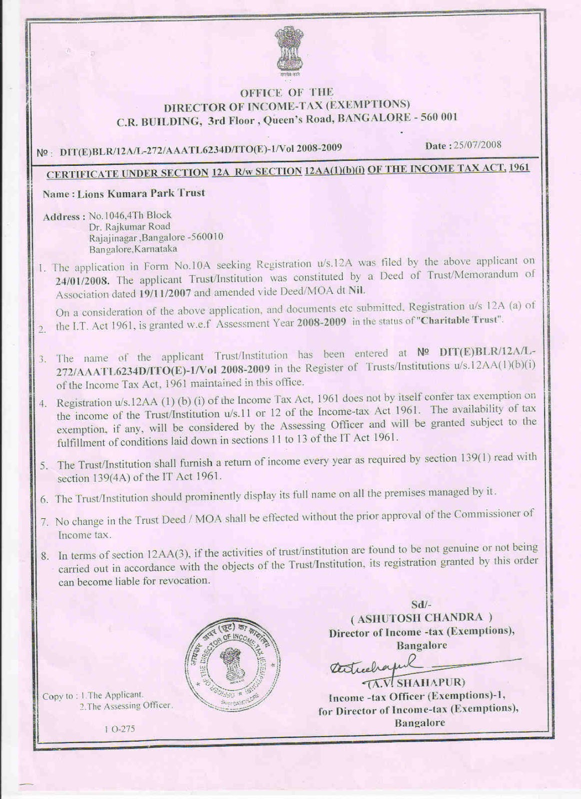 Lions Club of Bangalore Kumarapark: Trust Registration / Tax Exemption