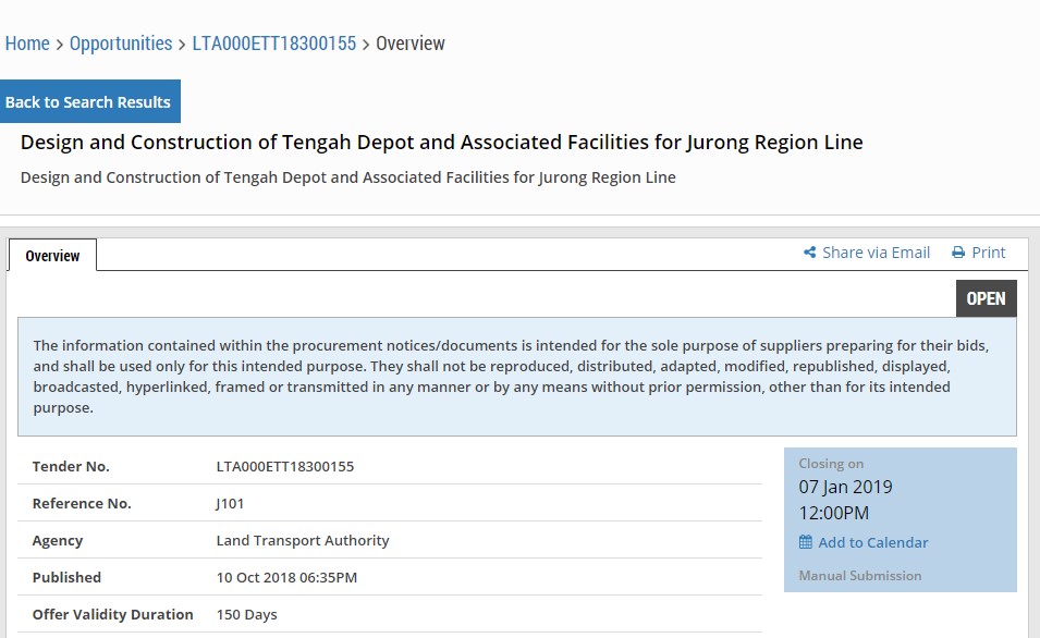 Jurong Region Line Construction: Tender & Pre-Qualification - Contact J101