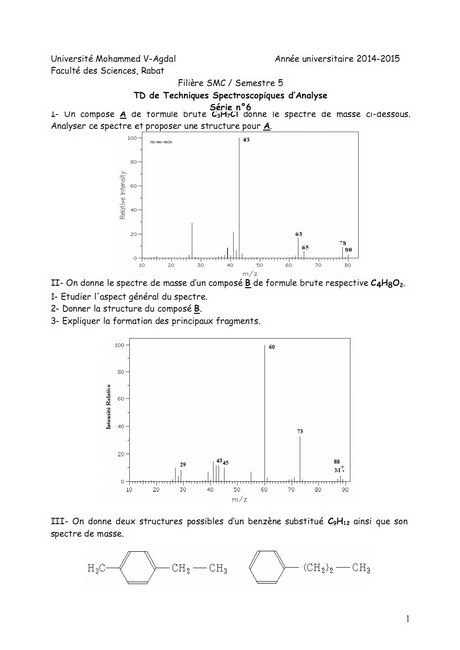 serie de exercice spectre de masse sans corrigé spectroscopie