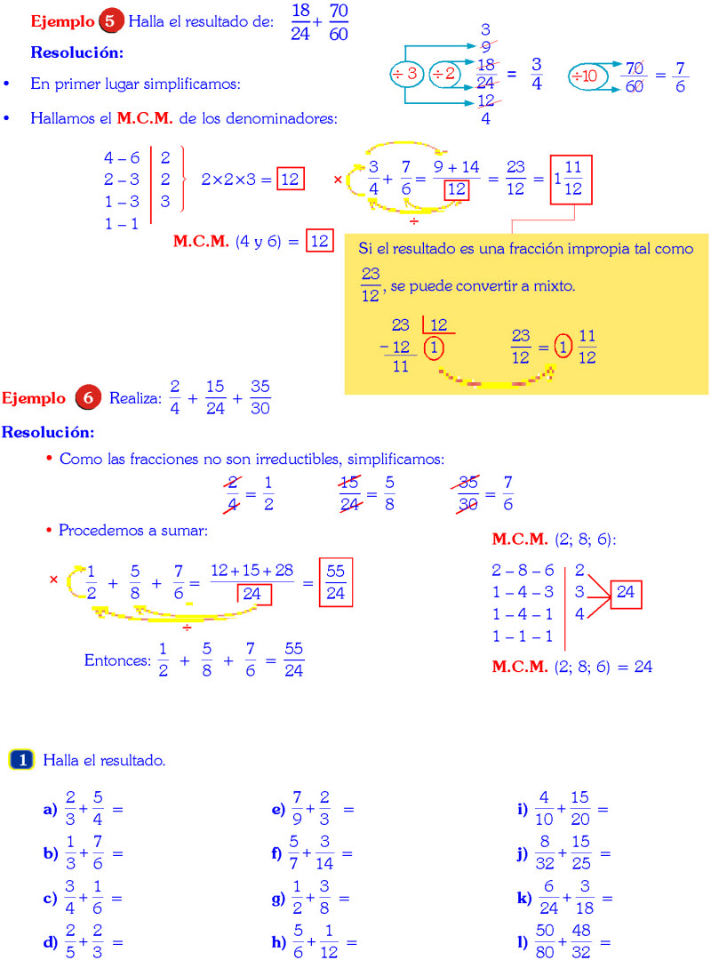 SUMA Y RESTA DE FRACCIONES POR MINIMO COMUN MULTIPLO EJERCICIOS RESUELTOS