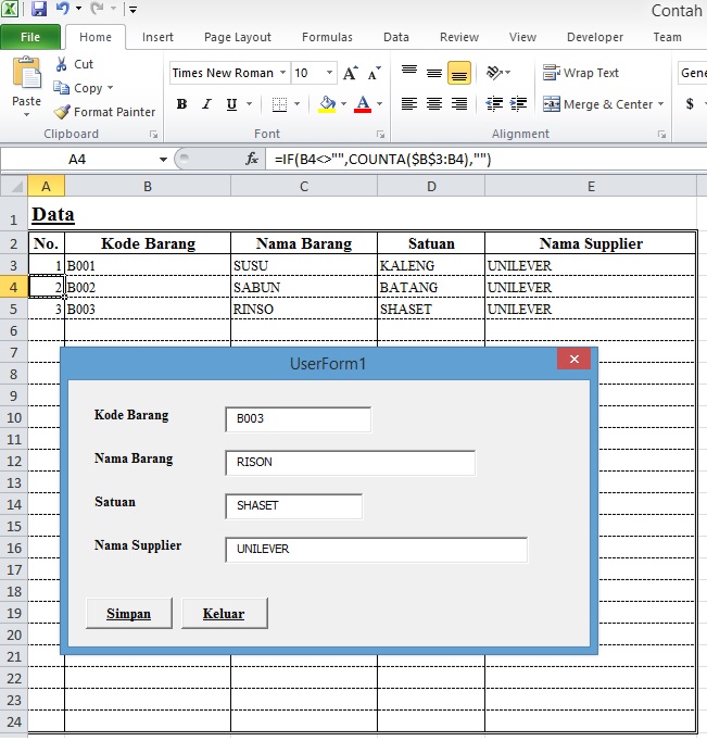 Menyimpan Data dari Form Inputan kedalam Tabel Microsoft Excell dengan Pemograman VBA