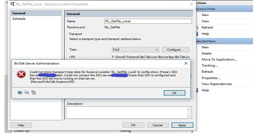 Could not store transport type data for Receive Location '####' to ...