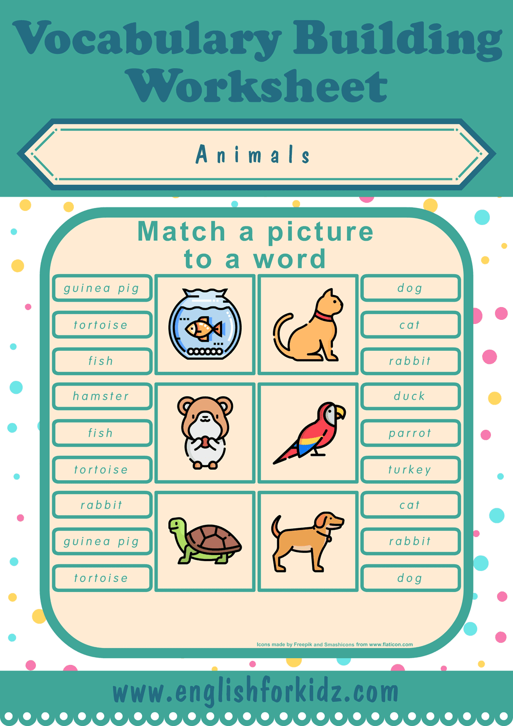Animals Worksheets: Picture to Word Matching