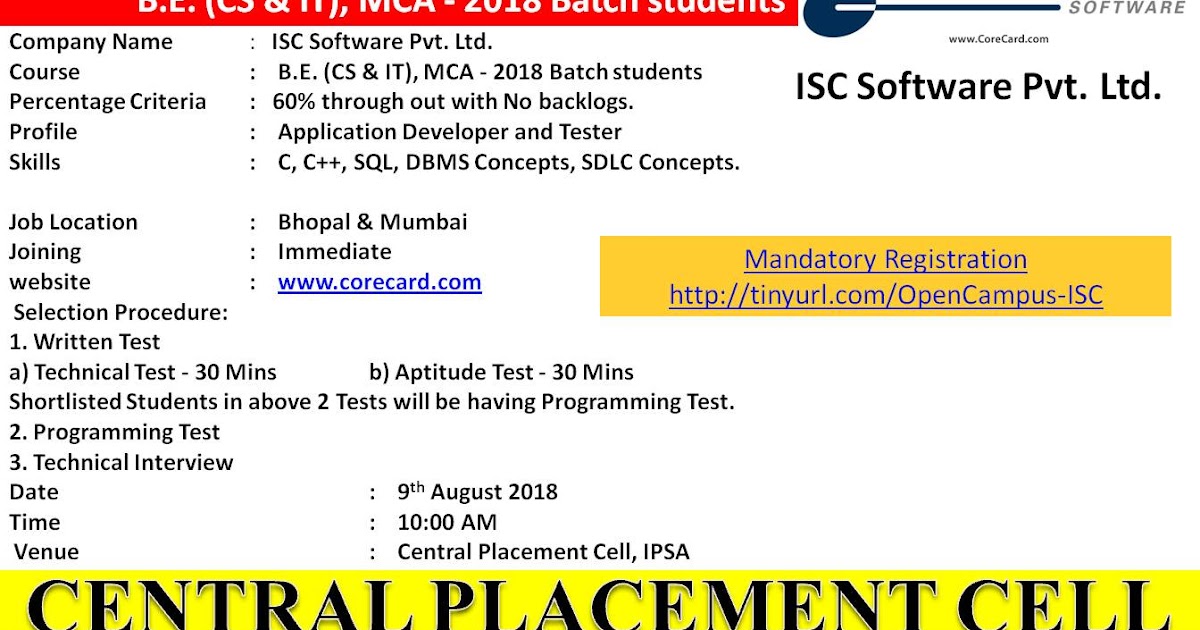 Central Placement Cell: ISC Software Pvt Ltd CoreCARD Software Inc Open Campus Drive