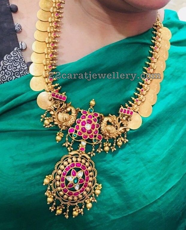 Kasu Mala with Peacocks and Ruby Pendant - Jewellery Designs
