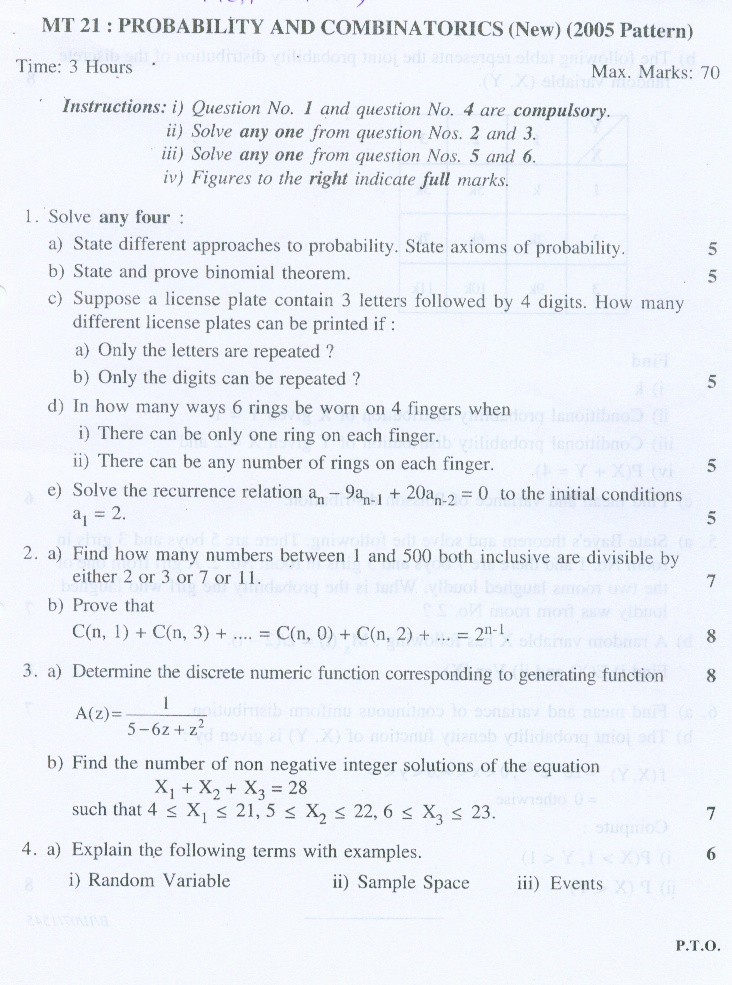 Probability And Combinatorics (p & c) (New) (2005 Pattern) - Questions ...