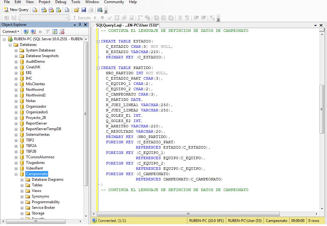 Base de Datos: DDL y DML de la BD Campeonato en SQL-Server, MySQL, PostgreSQL y Oracle