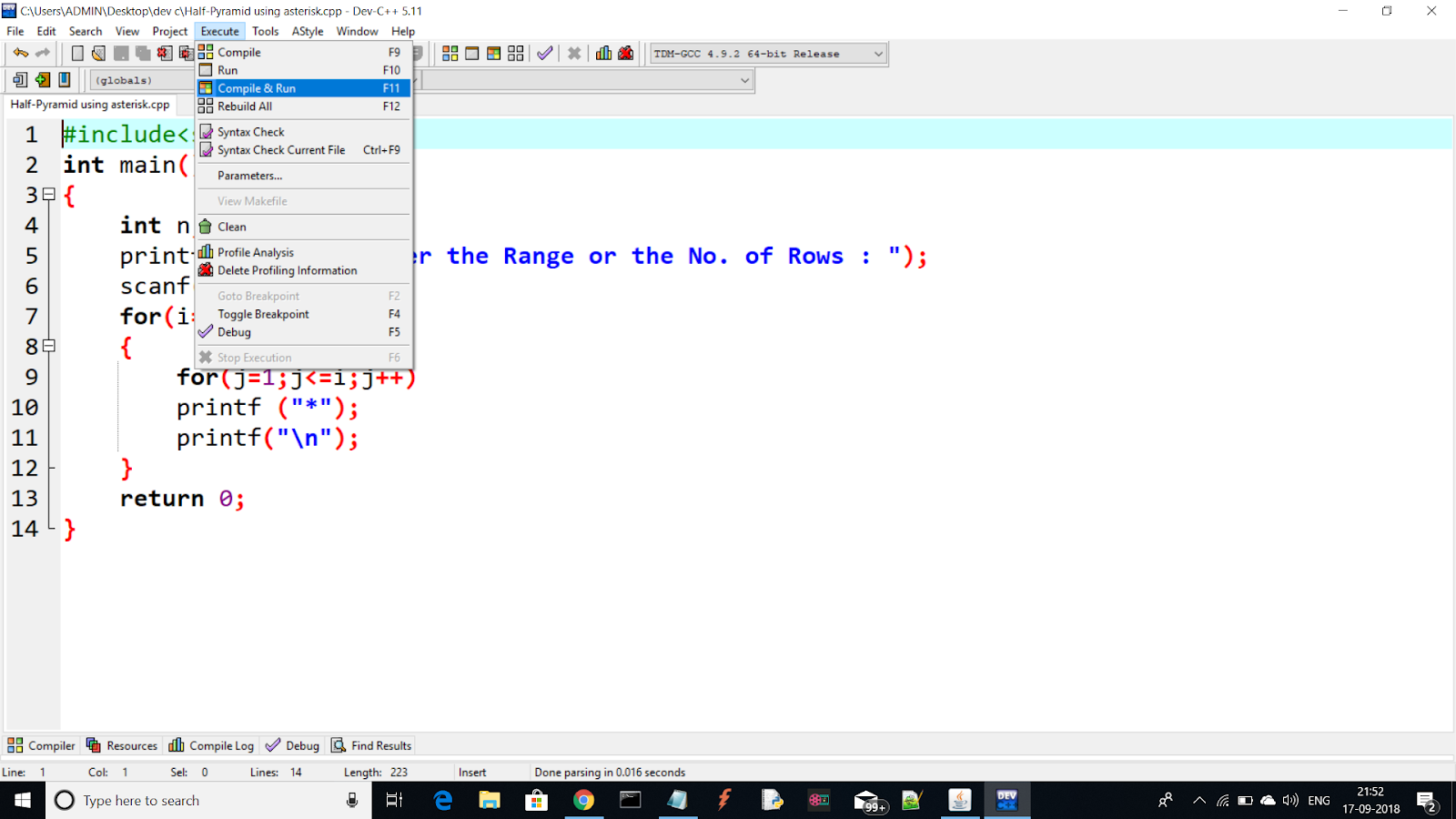 C-Program of Printing Half Pyramid using *(Asterisk)