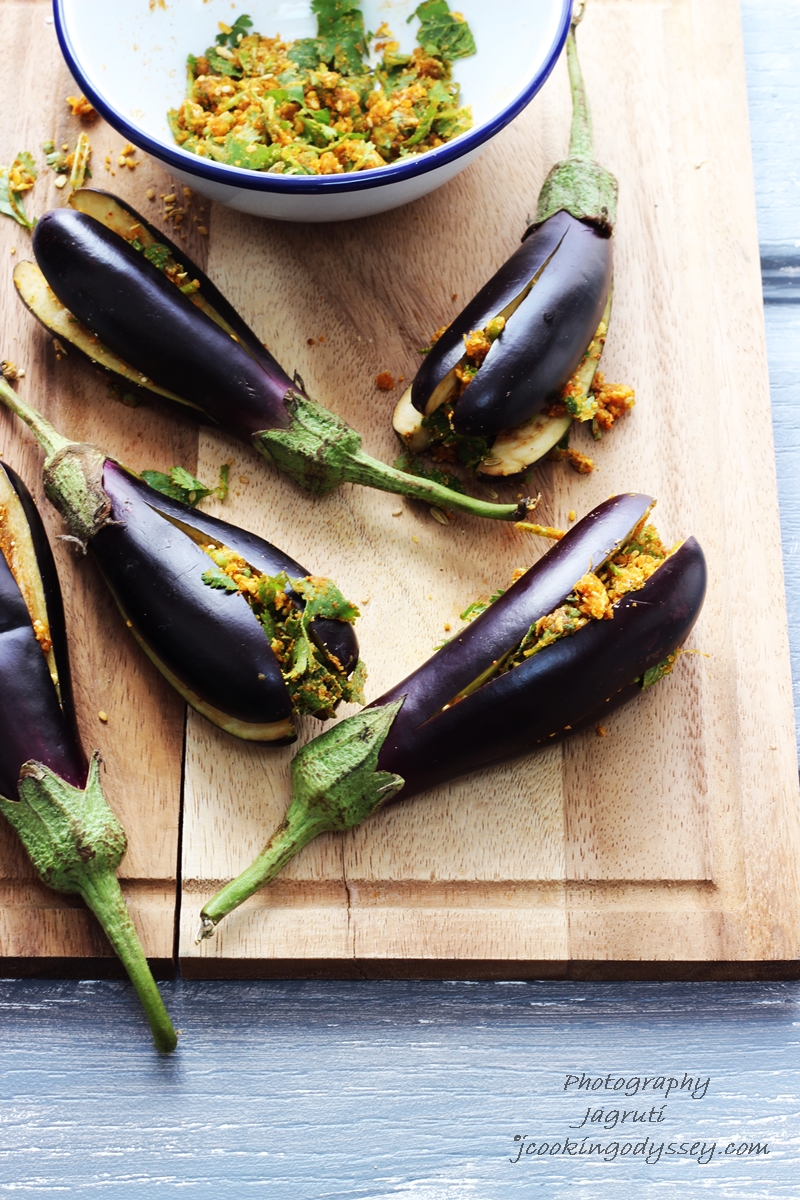 Gujarati Bharela Raviya - Stuffed baby eggplant Gujarati style | J ...