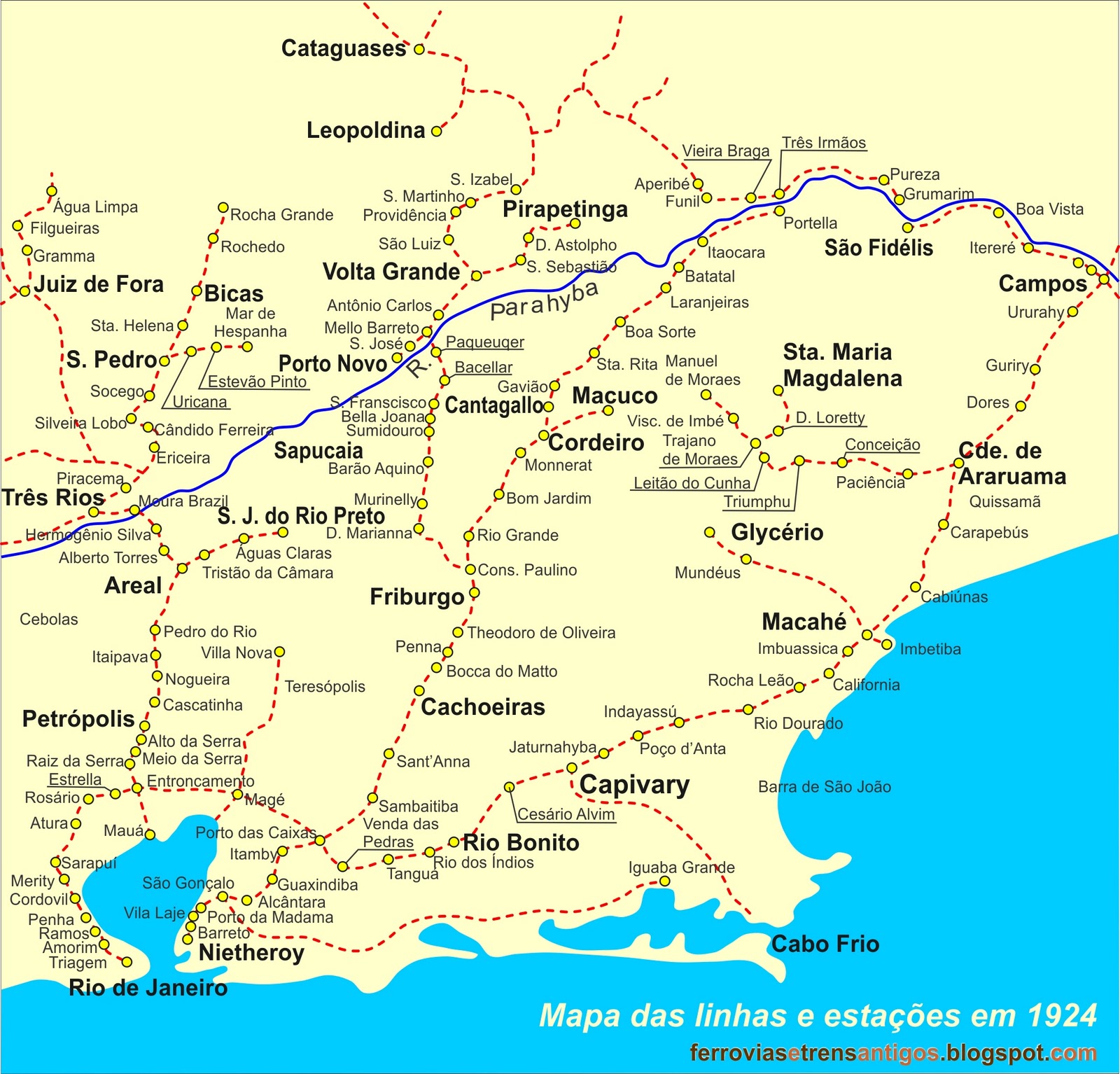 Ferrovias e Trens Antigos: Mapa RJ em 1924, linhas e estações