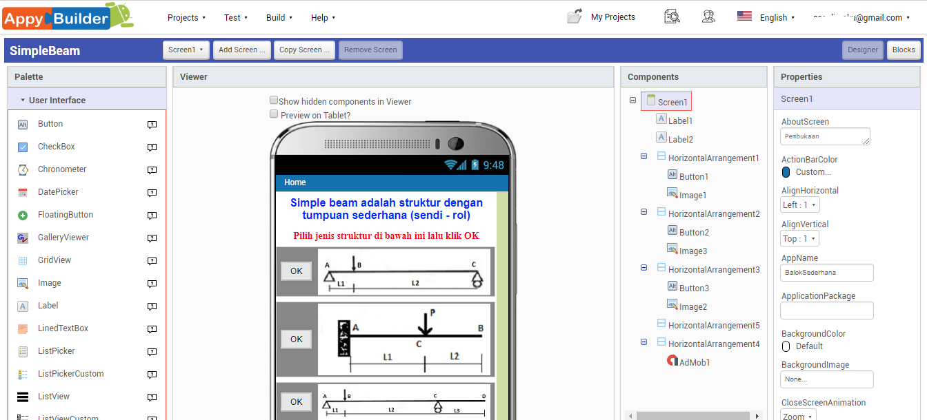 Aplikasi Android : Menghitung Reaksi tumpuan Balok sederhana menggunakan AppyBuilder - BTS-UMP