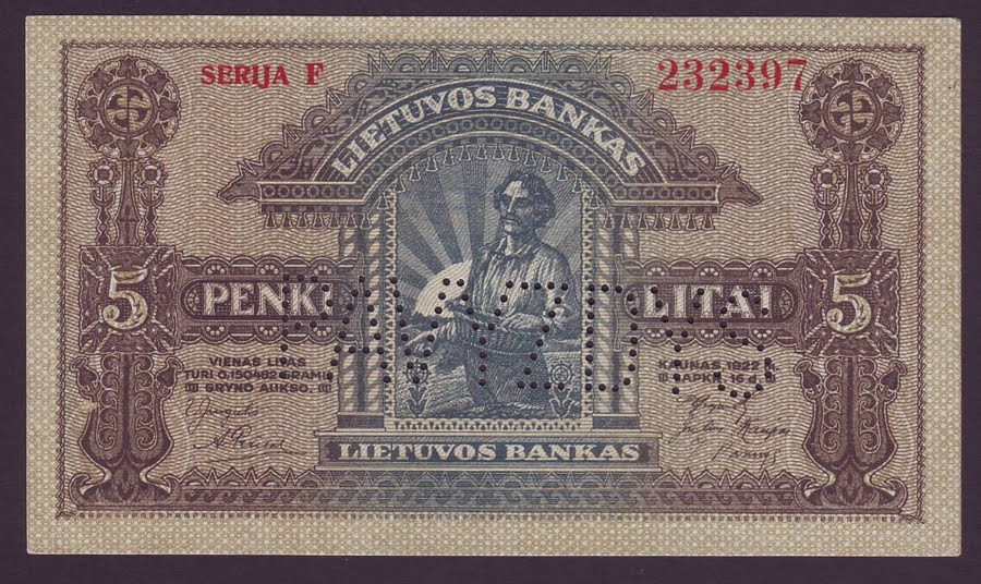 LITHUANIA money Litas 5 Litai, 1922.
