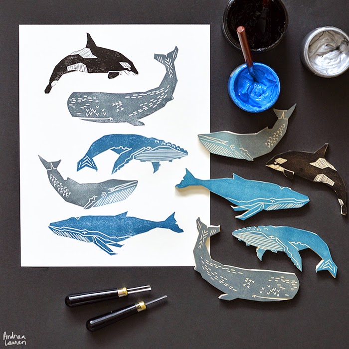Ink Print Repeat by Andrea Lauren: Whales Block Prints by Andrea Lauren