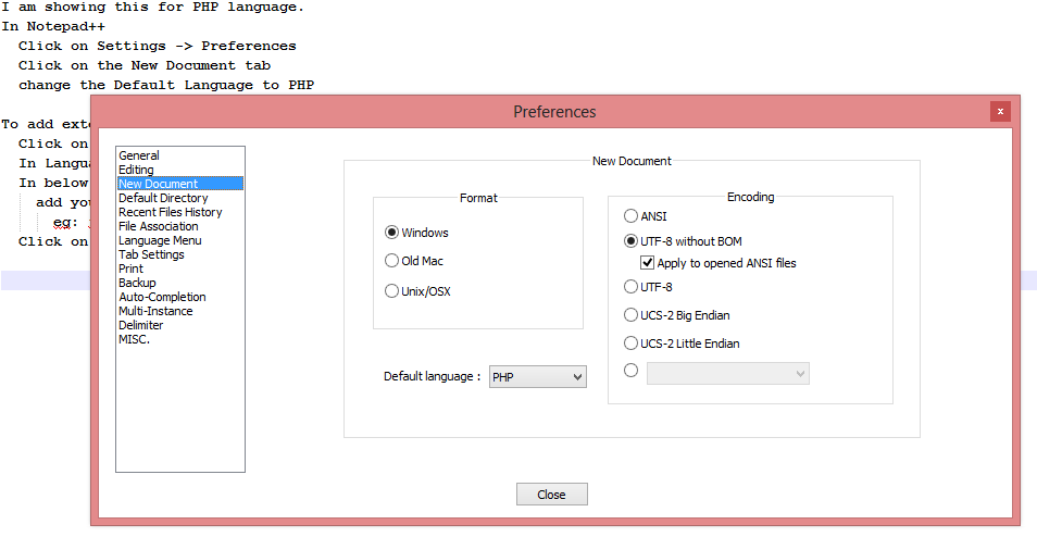 Set the default language in Notepad++